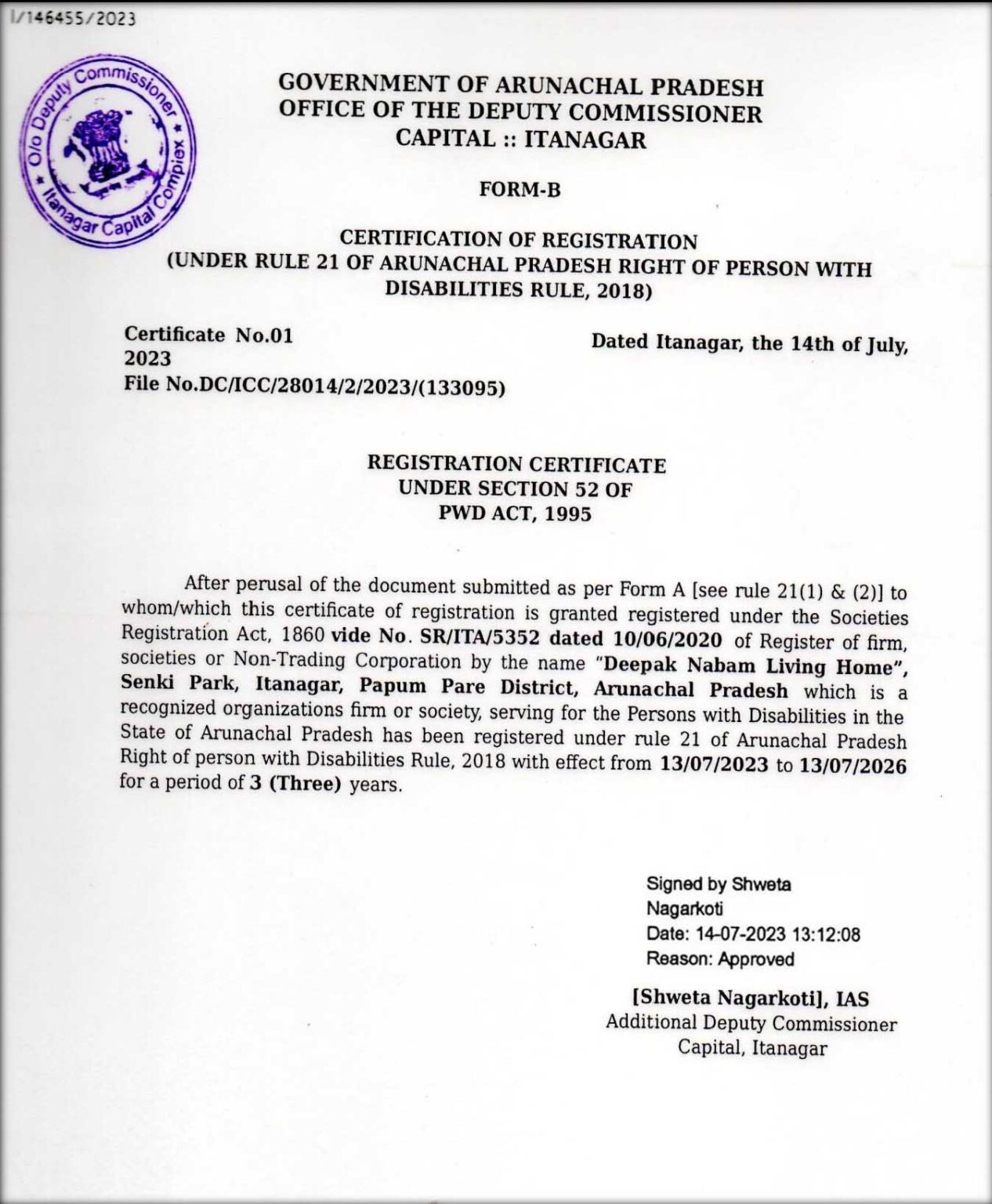 PWD Certificate – Deepak Nabam Living Home