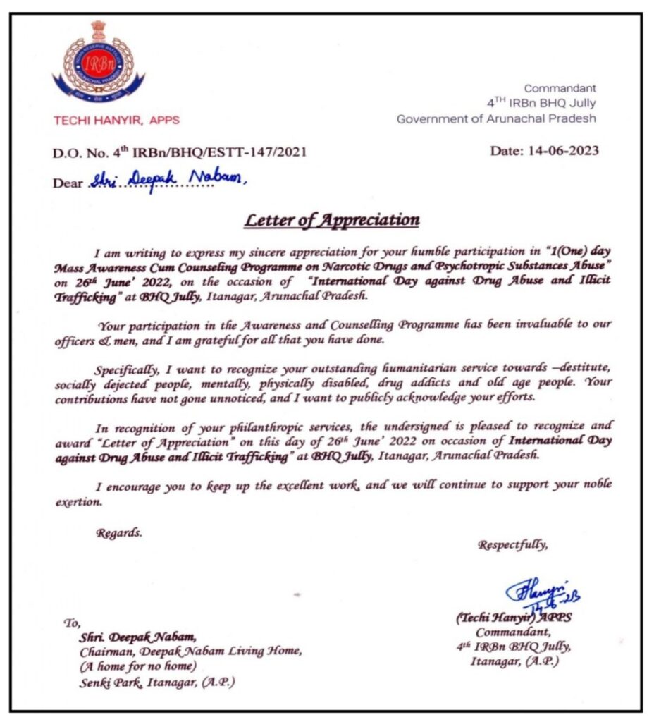 Letter of Appreciation from Commandant, 4th IRBN BHQ Jully Itanagar ...